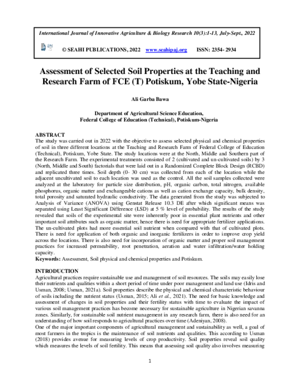 (PDF) Assessment of Selected Soil Properties at the Teaching and Research Farm of FCE (T ...