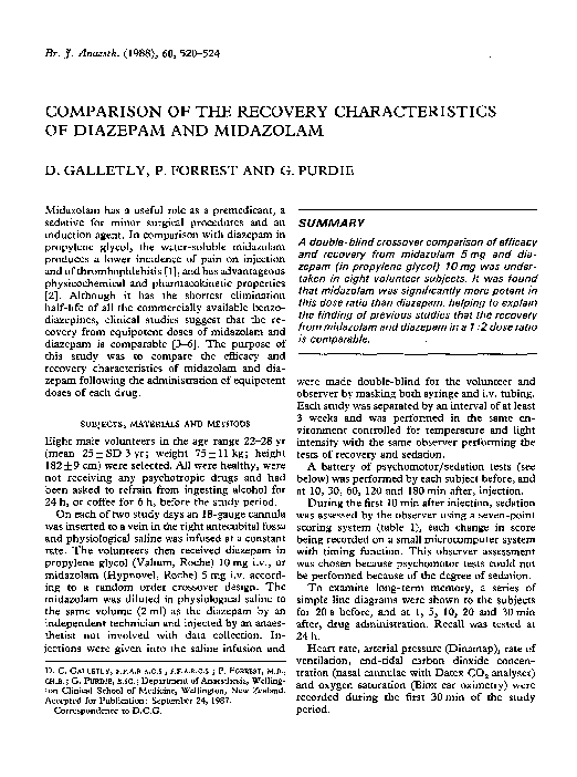 (PDF) Comparison of the Recovery Characteristics of Diazepam and Midazolam