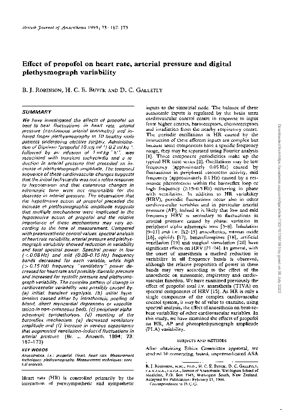 (PDF) Effect of propofol on heart rate, arterial pressure and digital ...