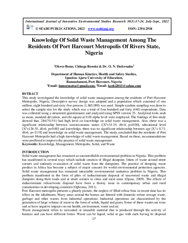 (PDF) Knowledge Of Solid Waste Management Among The Residents Of Port Harcourt Metropolis Of ...