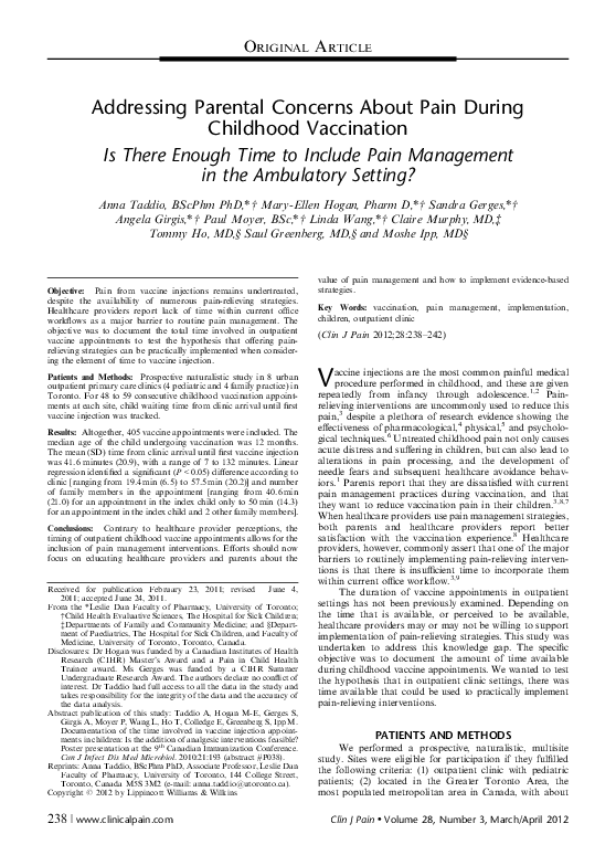 (PDF) Addressing Parental Concerns About Pain During Childhood Vaccination