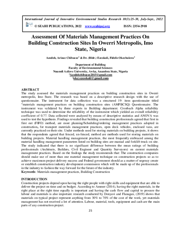 (PDF) Assessment Of Materials Management Practices On Building ...