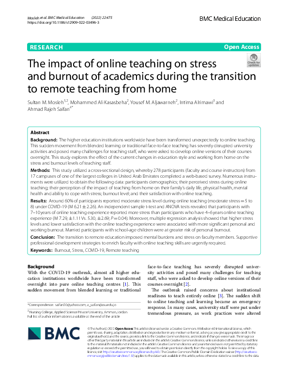 (PDF) The impact of online teaching on stress and burnout of academics during the transition to ...