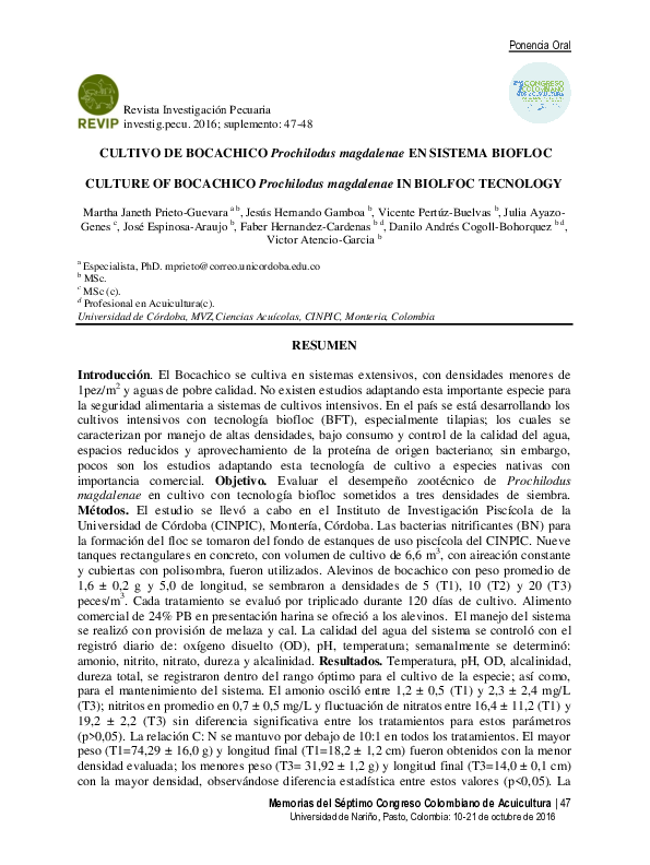 (PDF) CULTIVO DE BOCACHICO Prochilodus magdalenae EN SISTEMA BIOFLOC