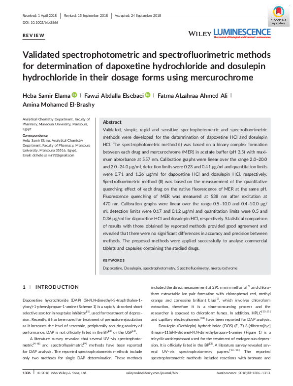 Pdf Validated Spectrophotometric And Spectrofluorimetric Methods For Determination Of