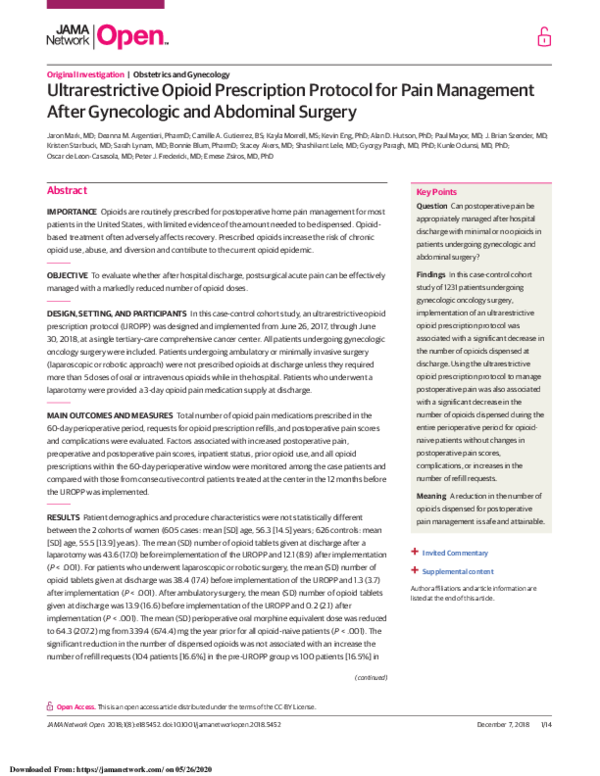 (PDF) Ultrarestrictive Opioid Prescription Protocol for Pain Management After Gynecologic and ...