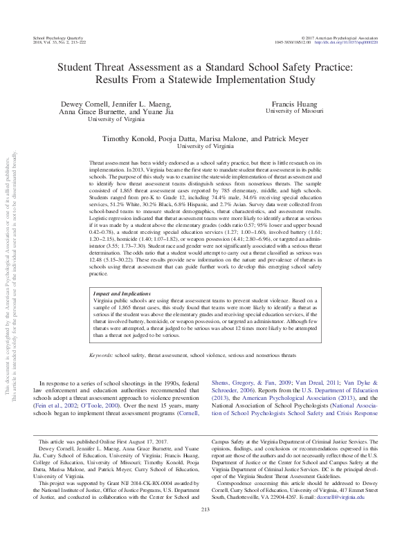 (PDF) Student Threat Assessment as a Standard School Safety Practice ...