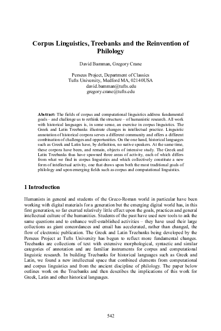 (PDF) Corpus Linguistics, Treebanks and the Reinvention of Philology | Gregory Crane - Academia.edu