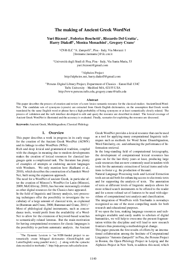 (PDF) The Making of Ancient Greek WordNet | Gregory Crane - Academia.edu
