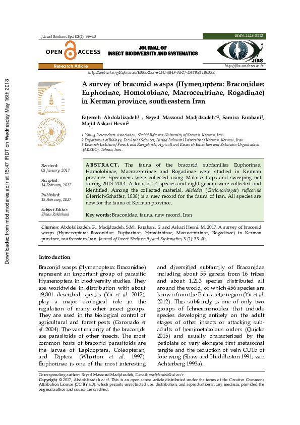 (PDF) JOURNAL OF INSECT BIODIVERSITY AND SYSTEMATICS A survey of ...