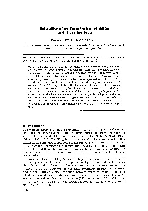 (PDF) Reliability of performance in repeated sprint cycling tests