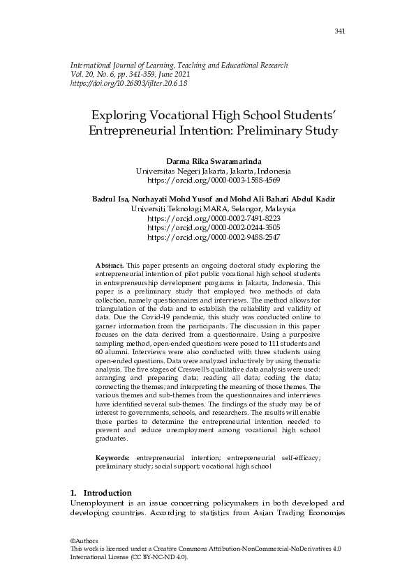 (PDF) Exploring Vocational High School Students’ Entrepreneurial Intention: Preliminary Study