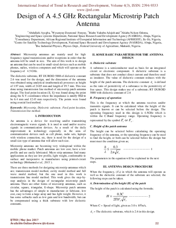 (PDF) Design of A 4.5 GHz Rectangular Microstrip Patch Antenna