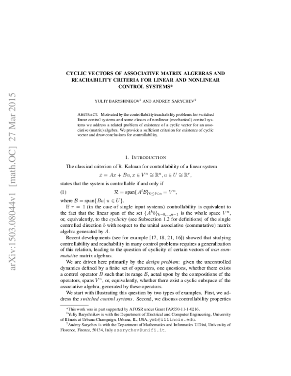 (PDF) Cyclic vectors of associative matrix algebras and reachability criteria for linear and ...
