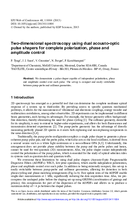 (PDF) Two-dimensional spectroscopy using dual acousto-optic pulse shapers for complete ...
