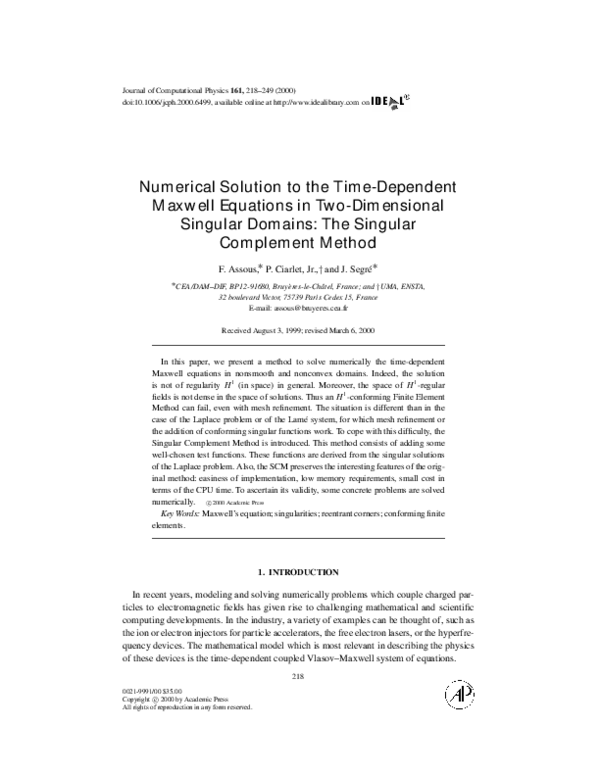(PDF) Numerical Solution to the Time-Dependent Maxwell Equations in Two-Dimensional Singular ...