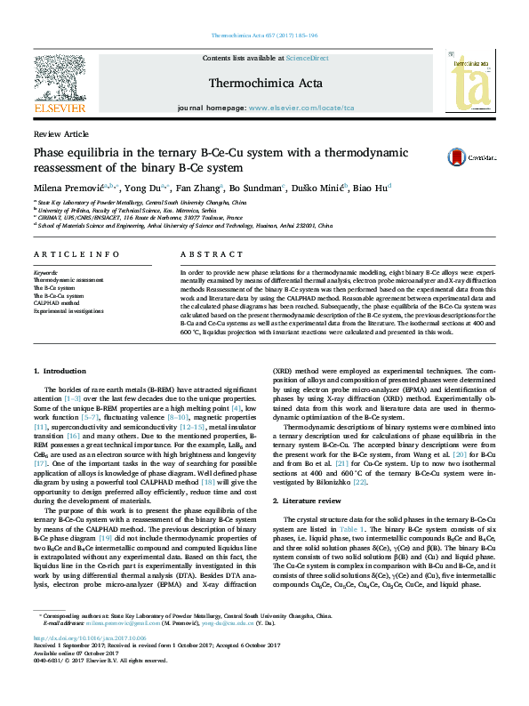 (PDF) Phase equilibria in the ternary B-Ce-Cu system with a thermodynamic reassessment of the ...