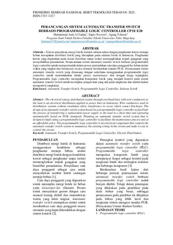 (PDF) Perancangan Sistem Automatic Transfer Switch Berbasis Programmable Logic Controller CP1E E20