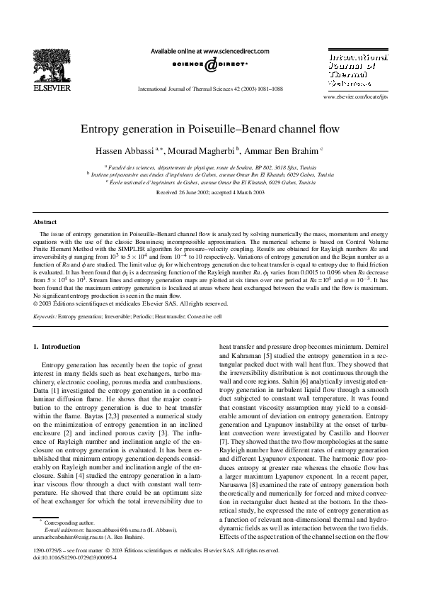 (PDF) Entropy generation in Poiseuille–Benard channel flow
