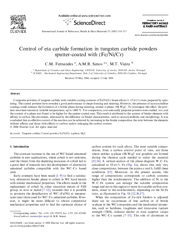 (PDF) Control of eta carbide formation in tungsten carbide powders ...