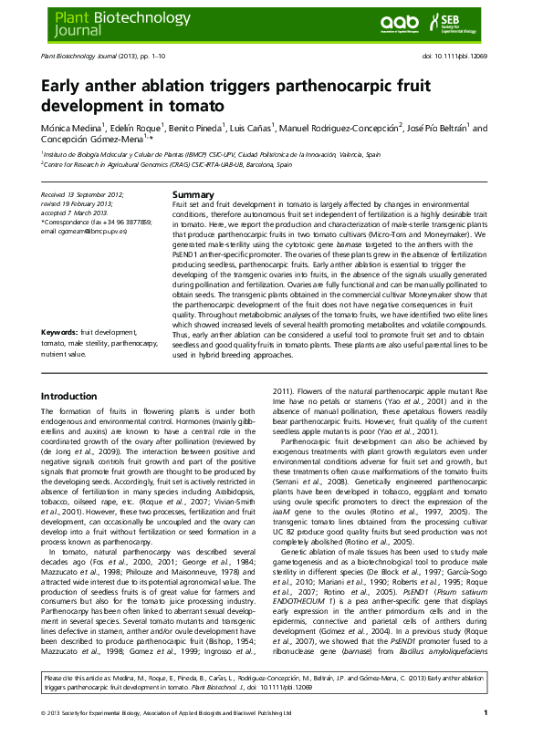 (PDF) Early anther ablation triggers parthenocarpic fruit development ...