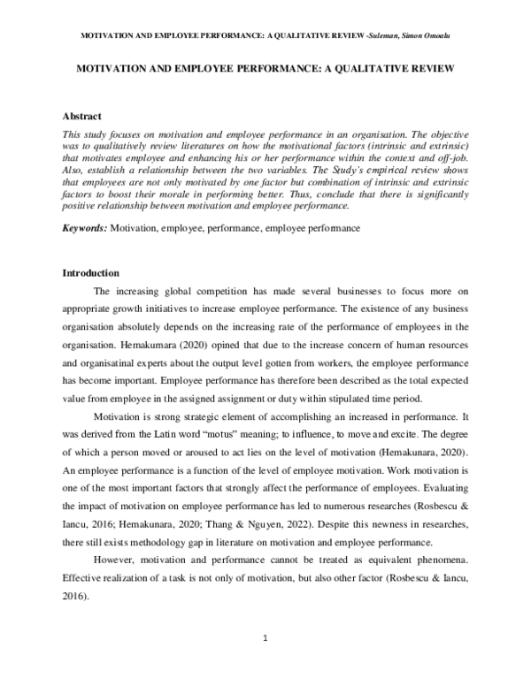 (PDF) MOTIVATION AND EMPLOYEE PERFORMANCE: A QUALITATIVE REVIEW