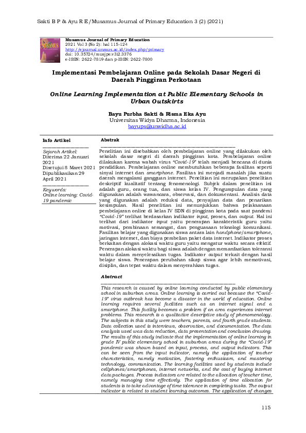 (PDF) Implementasi Pembelajaran Online pada Sekolah Dasar Negeri di Daerah Pinggiran Perkotaan ...