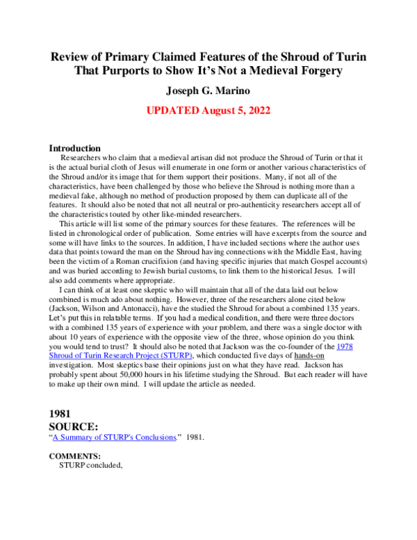 (PDF) Review of Primary Claimed Features of the Shroud of Turin That ...
