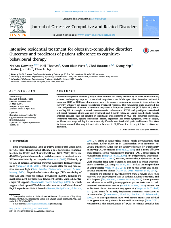 (PDF) Intensive residential treatment for obsessive-compulsive disorder: Outcomes and predictors ...