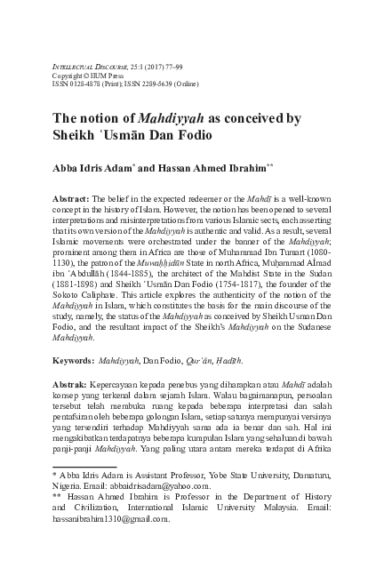 (PDF) The notion of Mahdiyyah as conceived by Sheikh ʿUsmān Dan Fodio