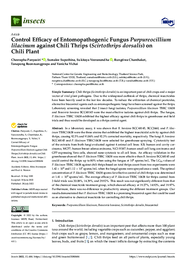 (PDF) Control Efficacy of Entomopathogenic Fungus Purpureocillium lilacinum against Chili Thrips ...