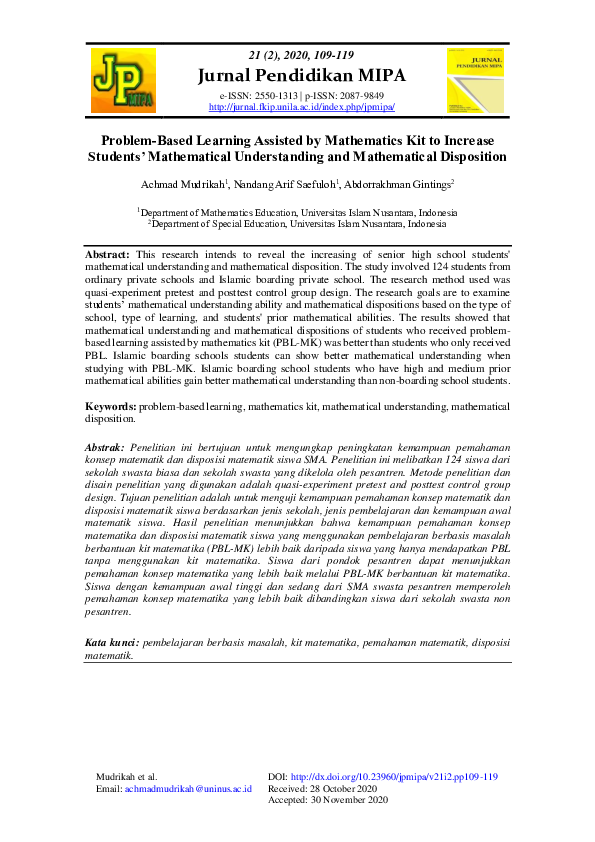 (PDF) Problem Based Learning Assisted by Mathematics Kit to Increase Students Mathematical ...