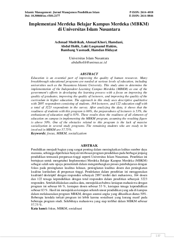(PDF) Implementasi Merdeka Belajar Kampus Merdeka (MBKM) di Universitas Islam Nusantara