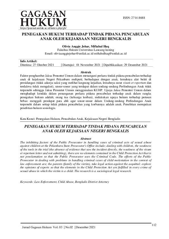 (PDF) Penegakan Hukum Terhadap Tindak Pidana Pencabulan Anak Oleh Kejaksaan Negeri Bengkalis