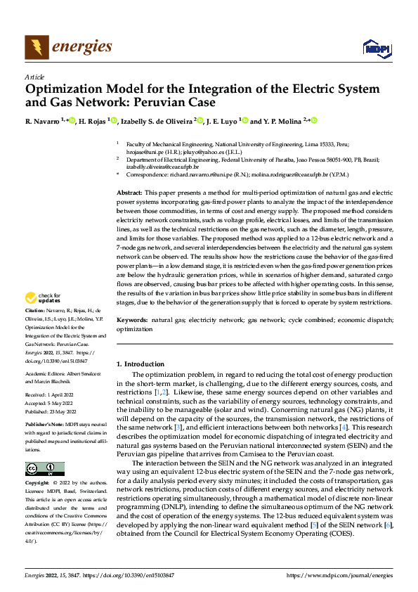 (PDF) Optimization Model for the Integration of the Electric System and Gas Network: Peruvian Case