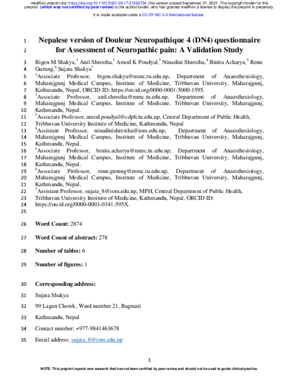 (PDF) Nepalese version of Douleur Neuropathique 4 (DN4) questionnaire ...