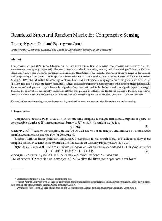 (PDF) Restricted Structural Random Matrix for compressive sensing