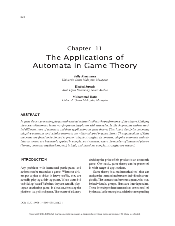 Pdf The Applications Of Automata In Game Theory 
