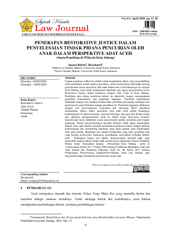 (PDF) Penerapan Restorative Justice Dalam Penyelesaian Tindak Pidana Pencurian Oleh Anak Dalam ...