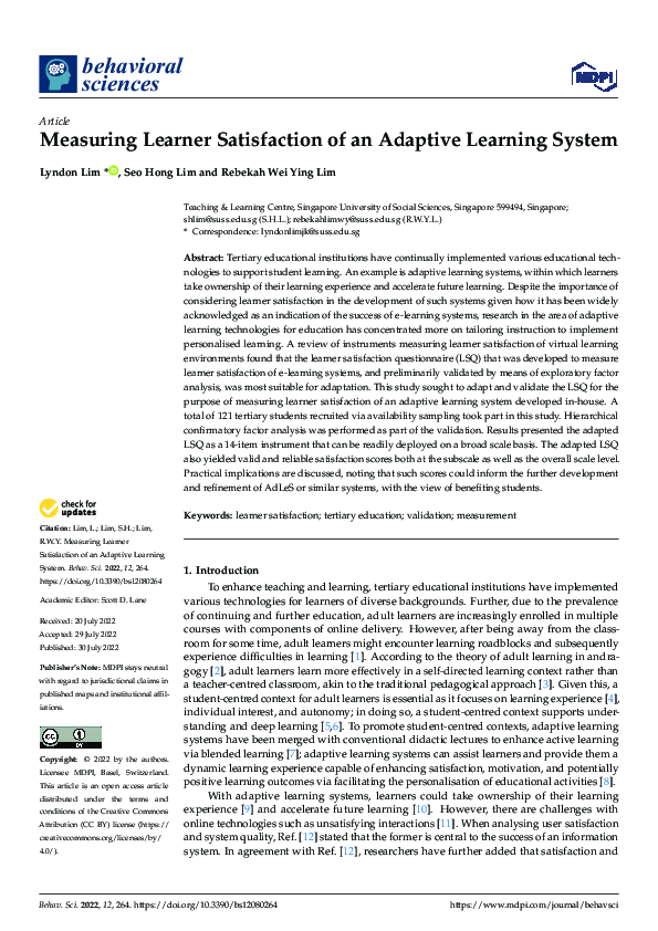 Pdf Measuring Learner Satisfaction Of An Adaptive Learning System