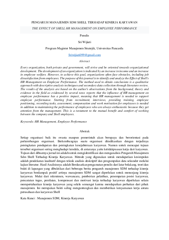 (PDF) PENGARUH MANAJEMEN SDM SHELL TERHADAP KINERJA KARYAWAN THE EFFECT ...