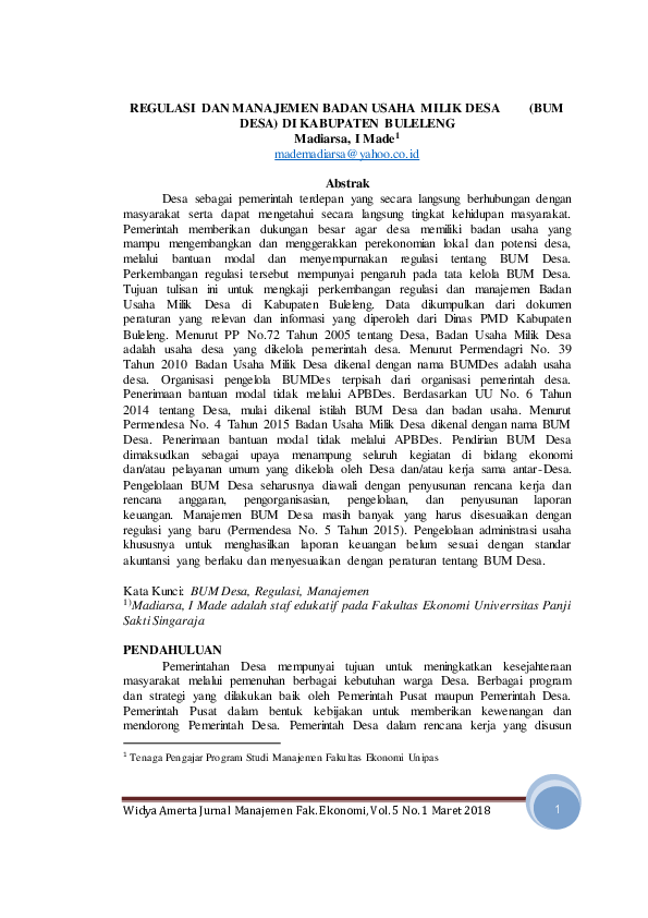 (PDF) Regulasi Dan Manajemen Badan Usaha Milik Desa (Bum Desa) DI Kabupaten Buleleng