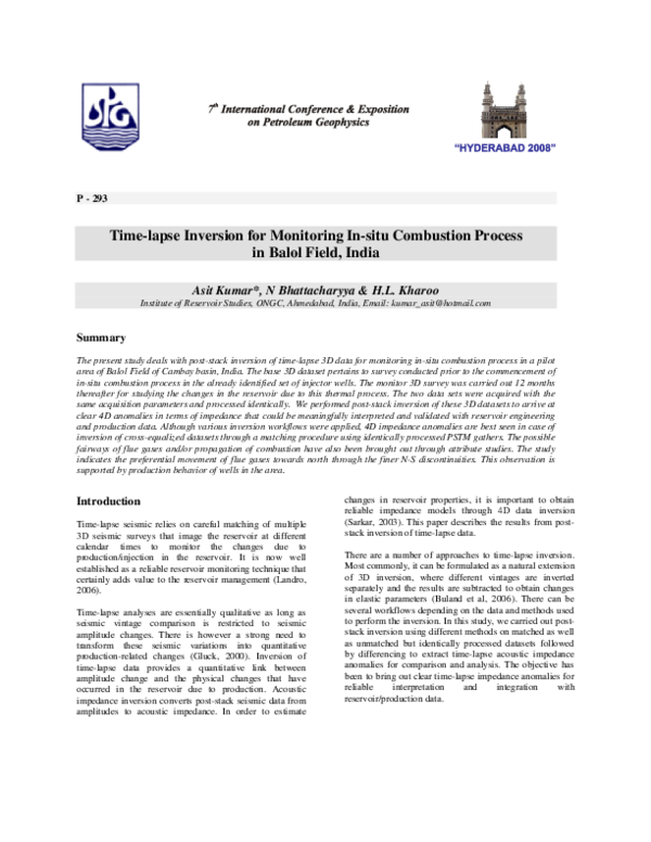 (PDF) Time-lapse Inversion for Monitoring In-situ Combustion Process in Balol Field , India