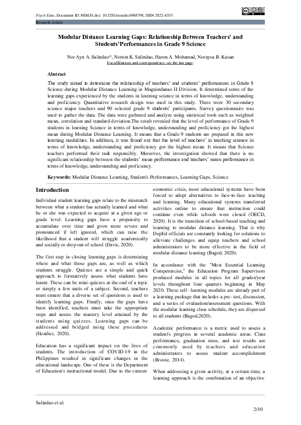 (PDF) Modular Distance Learning Gaps: Relationship Between Teachers ...
