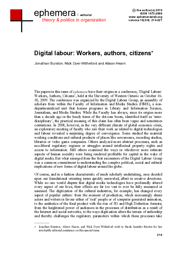 (PDF) Digital labour: Workers, authors, citizens!