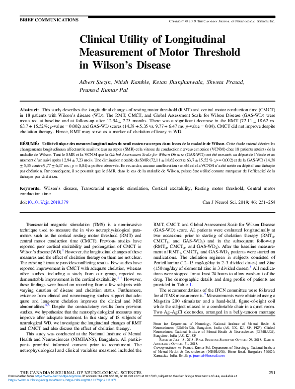 (PDF) Clinical Utility of Longitudinal Measurement of Motor Threshold ...