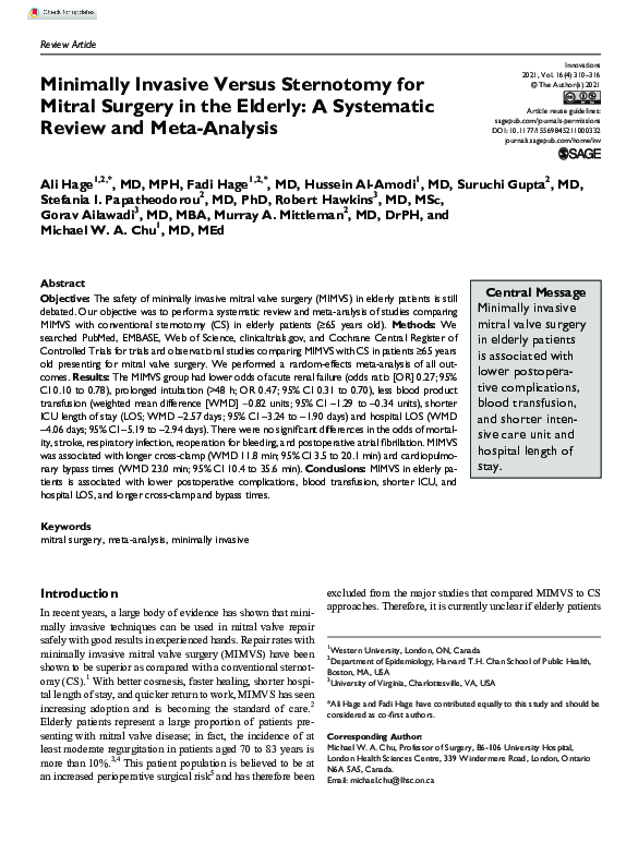 Pdf Minimally Invasive Versus Sternotomy For Mitral Surgery In The Elderly A Systematic