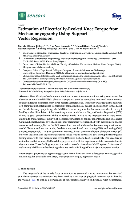 (PDF) Estimation of Electrically-Evoked Knee Torque from Mechanomyography Using Support Vector ...