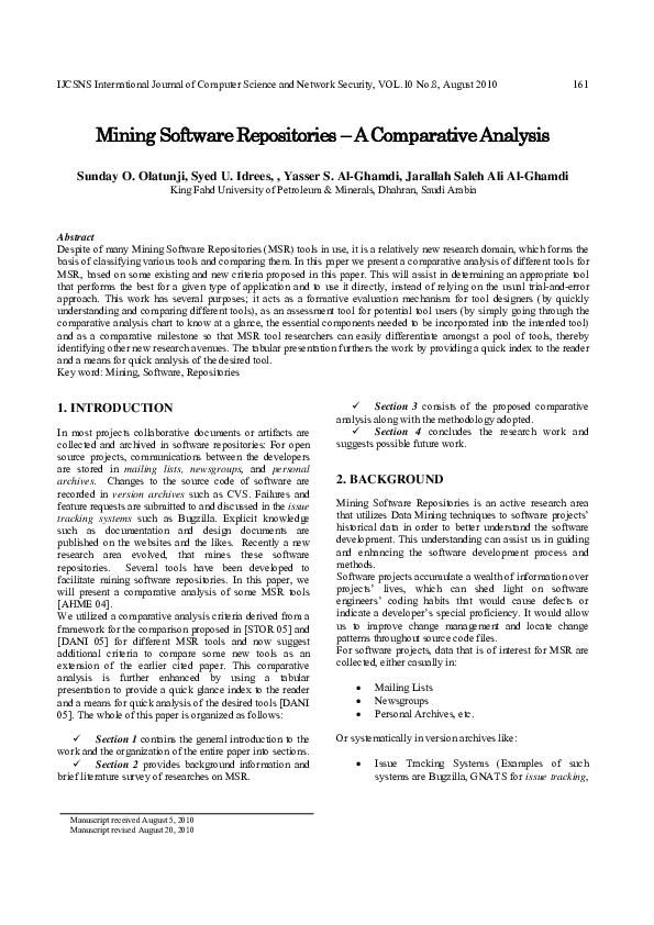 (PDF) Mining Software Repositories – A Comparative Analysis