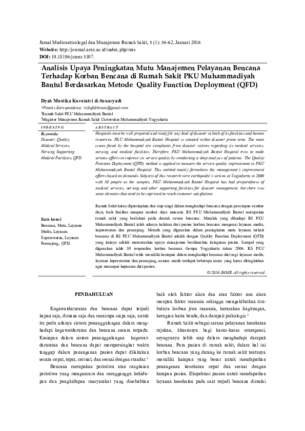 (PDF) Analisis Upaya Peningkatan Mutu Manajemen Pelayanan Bencana Terhadap Korban Bencana DI RS ...